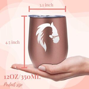 Onebttl Horse Gifts for Women, Girls, Insulated Stainless Steel Wine Tumbler with Lid, Equestrian Gifts for Horse Lovers, Cowgirls, Perfect for Birthday, Rose Gold