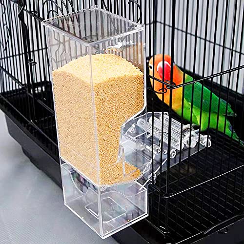 Automatic Bird Seed Feeder with Perch, Acrylic Transparent Parrot Foraging Feeders Cage Accessories for Small and Medium Parrots Parakeets Cockatiels Lovebirds