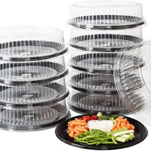 avant grub heavy duty, recyclable 12 in. serving tray and lid 10pk. large, black plastic party platters with clear lids dishware plate, elegant round banquet or catering trays for serving