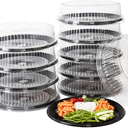 Avant Grub Heavy Duty, Recyclable 12 in. Serving Tray and Lid 10pk. Large, Black Plastic Party Platters with Clear Lids Dishware Plate, Elegant Round Banquet or Catering Trays for Serving