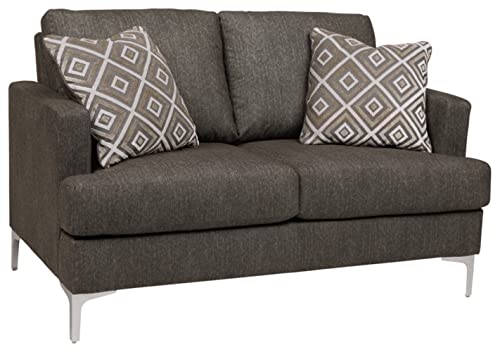 Signature Design by Ashley Arcola Modern Loveseat with Chrome Legs & Accent Pillows, Dark Gray