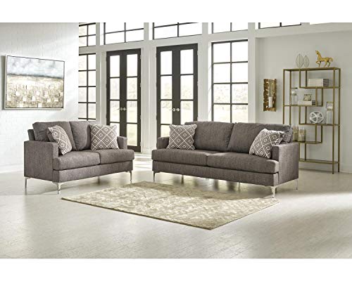 Signature Design by Ashley Arcola Modern Loveseat with Chrome Legs & Accent Pillows, Dark Gray