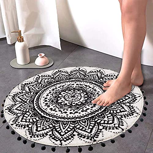 LIVEBOX Boho Bathroom Rug 2ft Machine Washable Black and Cream Small Mandala Round Area Rug with Chic Pom Pom Fringe Non-Slip Ultra Soft Throw Sofa Mat for Bedroom Playroom Kids Room