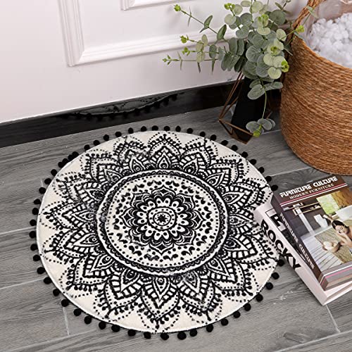 LIVEBOX Boho Bathroom Rug 2ft Machine Washable Black and Cream Small Mandala Round Area Rug with Chic Pom Pom Fringe Non-Slip Ultra Soft Throw Sofa Mat for Bedroom Playroom Kids Room