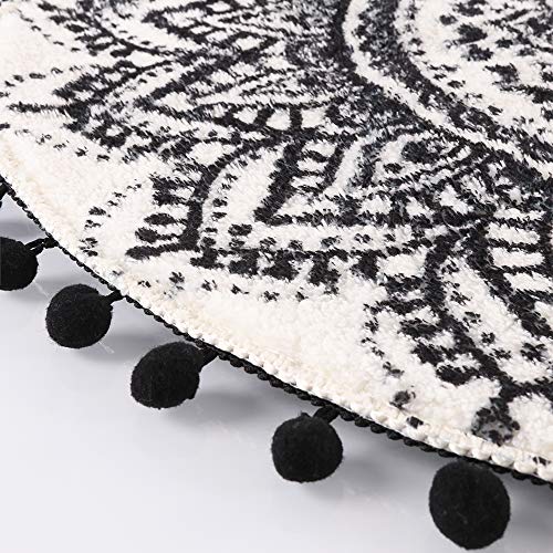 LIVEBOX Boho Bathroom Rug 2ft Machine Washable Black and Cream Small Mandala Round Area Rug with Chic Pom Pom Fringe Non-Slip Ultra Soft Throw Sofa Mat for Bedroom Playroom Kids Room