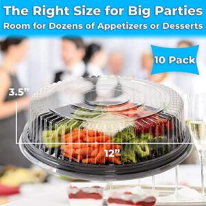 Heavy Duty, Recyclable 12 In. Serving Tray and Lid 10pk. Large, Black Plastic Party Platters with Clear Lids. Elegant Round Banquet or Catering Trays for Serving Appetizers, Sandwich and Veggie Plates