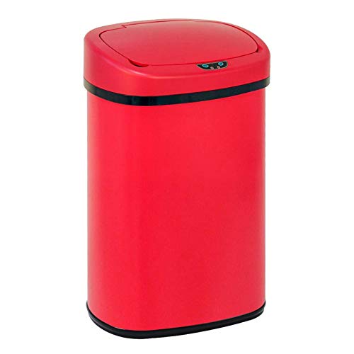 13.2 Gallon Trash Can Kitchen Bathroom Bedroom Stainless Steel Automatic Garbage Can with Odor Control System, 50 Liter Semi-Round No Touch Motion Sensor with Plastic Lid Brushed Waste Bin-Red