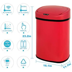 13.2 Gallon Trash Can Kitchen Bathroom Bedroom Stainless Steel Automatic Garbage Can with Odor Control System, 50 Liter Semi-Round No Touch Motion Sensor with Plastic Lid Brushed Waste Bin-Red