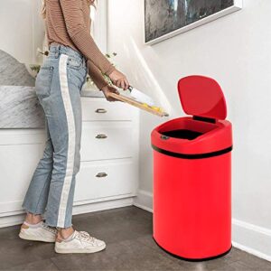 13.2 Gallon Trash Can Kitchen Bathroom Bedroom Stainless Steel Automatic Garbage Can with Odor Control System, 50 Liter Semi-Round No Touch Motion Sensor with Plastic Lid Brushed Waste Bin-Red