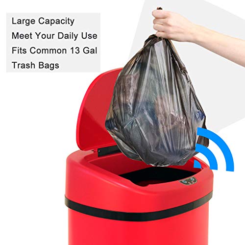 13.2 Gallon Trash Can Kitchen Bathroom Bedroom Stainless Steel Automatic Garbage Can with Odor Control System, 50 Liter Semi-Round No Touch Motion Sensor with Plastic Lid Brushed Waste Bin-Red