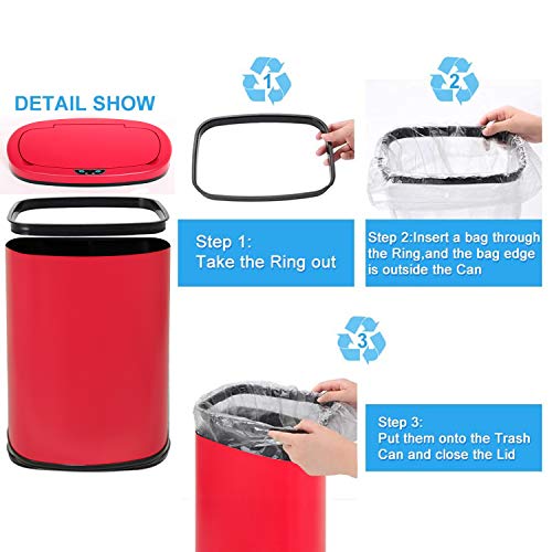 13.2 Gallon Trash Can Kitchen Bathroom Bedroom Stainless Steel Automatic Garbage Can with Odor Control System, 50 Liter Semi-Round No Touch Motion Sensor with Plastic Lid Brushed Waste Bin-Red