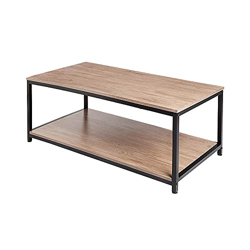 Coral Flower Washed Oak Coffee Table, Wood and Metal Rustic Cocktail Table with Open Storage Shelf, for Living Room, Light Oak