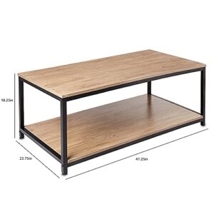 Coral Flower Washed Oak Coffee Table, Wood and Metal Rustic Cocktail Table with Open Storage Shelf, for Living Room, Light Oak