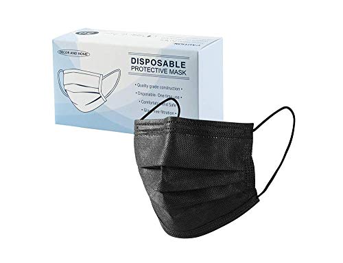 Decor and Home Disposable Face Masks, 50 Pack, Black, 3-Ply, Single Daily Use, Face Mask for Women & Men