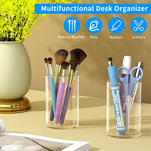 NIUBEE Acrylic Pen Holder 2 Pack,Clear Desktop Pencil Cup Stationery Organizer for Office Desk Accessory -Round