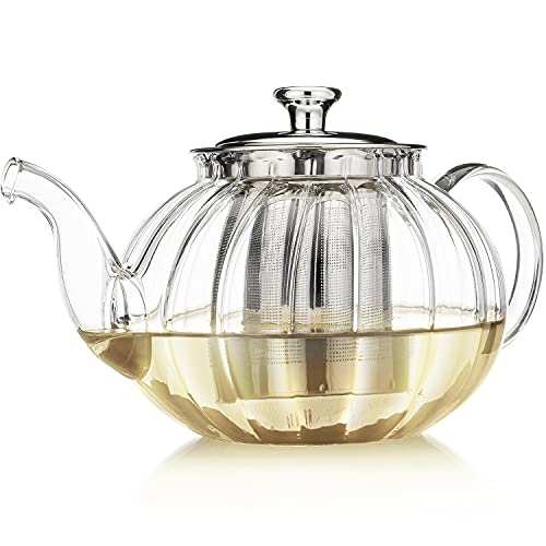 Teabloom Vienna Glass Teapot – Stain-Free Glass with Removable Loose Tea Infuser – Stovetop Safe – Dripless Spout – 24 oz / 700 ml (1-2 Cups)