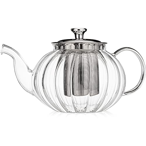 Teabloom Vienna Glass Teapot – Stain-Free Glass with Removable Loose Tea Infuser – Stovetop Safe – Dripless Spout – 24 oz / 700 ml (1-2 Cups)