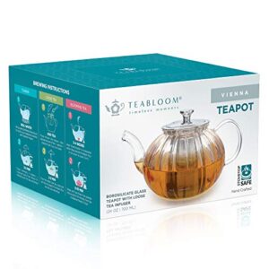 Teabloom Vienna Glass Teapot – Stain-Free Glass with Removable Loose Tea Infuser – Stovetop Safe – Dripless Spout – 24 oz / 700 ml (1-2 Cups)