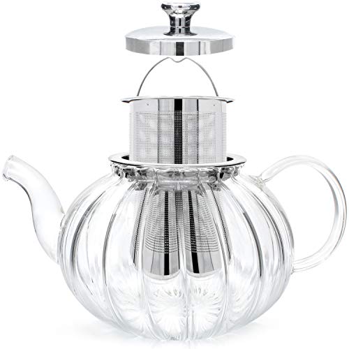 Teabloom Vienna Glass Teapot – Stain-Free Glass with Removable Loose Tea Infuser – Stovetop Safe – Dripless Spout – 24 oz / 700 ml (1-2 Cups)