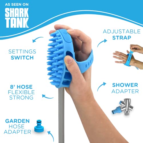 Aquapaw 4 in 1 Dog Bath Brush Pro for Dog Washing, Scrubbing, Massaging & Grooming | As Seen on Shark Tank - Fast & Easy Indoor & Outdoor Pet Shower & Sprayer Attachment | Includes 8-Foot Hose | Blue