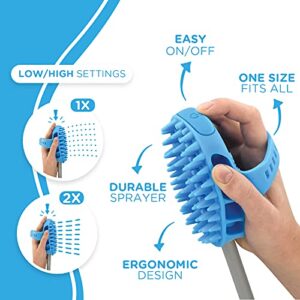 Aquapaw 4 in 1 Dog Bath Brush Pro for Dog Washing, Scrubbing, Massaging & Grooming | As Seen on Shark Tank - Fast & Easy Indoor & Outdoor Pet Shower & Sprayer Attachment | Includes 8-Foot Hose | Blue