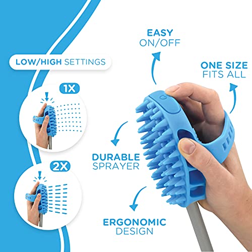 Aquapaw 4 in 1 Dog Bath Brush Pro for Dog Washing, Scrubbing, Massaging & Grooming | As Seen on Shark Tank - Fast & Easy Indoor & Outdoor Pet Shower & Sprayer Attachment | Includes 8-Foot Hose | Blue