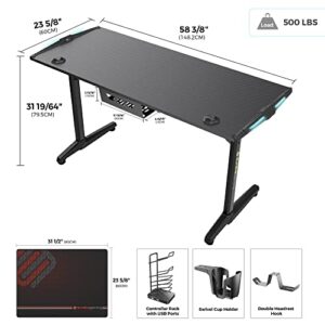 Eureka Ergonomic 55 Inch RGB LED Gaming Desk with Lights Up, PC Computer Studio Gamer Table I Shaped Home Office Workstation, w Free Mouse Pad,USB Ports Controller Stand Cup Headset Holder Black