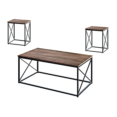 Coral Flower Modern Coffee Table Includes Coffee Table and Two End Tables, Modern Industrial Metal and Wood Occasional Tables, 3pc, Dark Oak