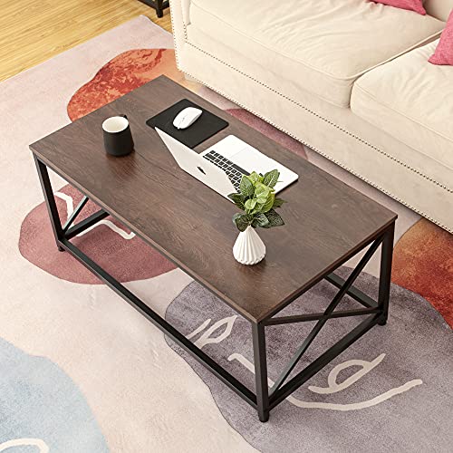 Coral Flower Modern Coffee Table Includes Coffee Table and Two End Tables, Modern Industrial Metal and Wood Occasional Tables, 3pc, Dark Oak