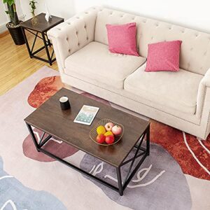 Coral Flower Modern Coffee Table Includes Coffee Table and Two End Tables, Modern Industrial Metal and Wood Occasional Tables, 3pc, Dark Oak