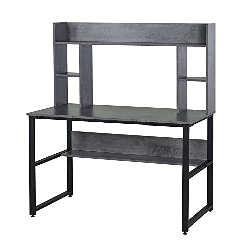 HOMCOM Office Computer Desk Writing Table Workstation with Storage Shelves, Decorative Hutches, & Strong Build, Grey