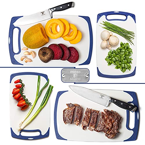 Moss & Stone 2 Piece Cutting Boards for Kitchen & Chef Knife | Polypropylene and Dishwasher Safe | 2 Chopping Board with Grip Handle | BPA-Free