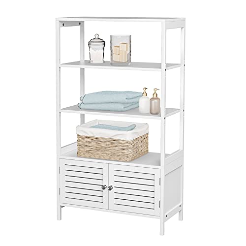 SONGMICS Bathroom Cabinet, Bathroom Storage Cabinet with 3 Shelves and Double Doors, Free-Standing, Bamboo, 11.8 x 27.6 x 47.2 Inches, White UBCB010W01