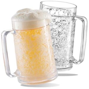 luxail freezer beer mugs, double wall, insulated gel plastic pint freezable glasses, 16 oz, clear 2 pack, chiller frosty cup, frozen ice freezer mug, freezer cups