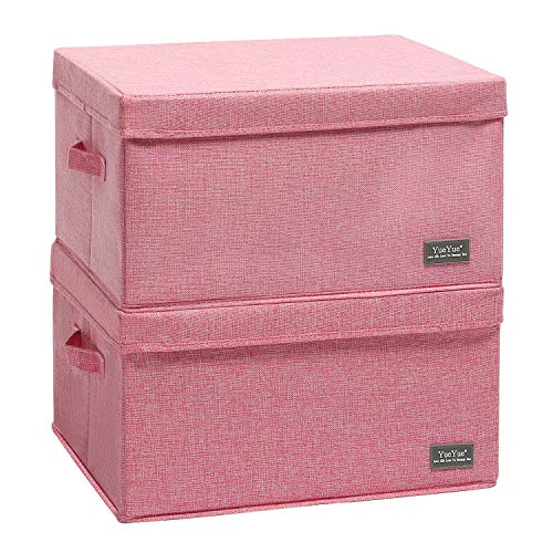 YueYue Foldable Storage Large Clothes Box Fabric，Box Fabric Bin Cube Basket With Lid，Collapsible Boxes Fabric Storage Bins Organizer Cubes Containers With Covers (17.7"/13.8"/9.8") (Pink) 2 Pack