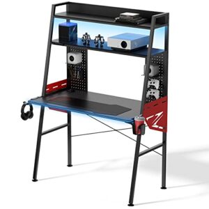 eureka ergonomic led gaming desk with shelves, dual pegboards, 43'' computer pc desk with hutch storage, gaming table ladder desk with mouse pad, cup & headphone holder, teens study, small space