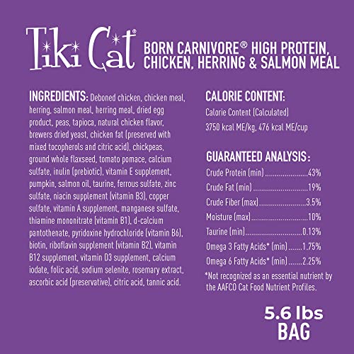 Tiki Cat Born Carnivore High Protein, Chicken, Herring & Salmon Meal, Grain-Free Baked Kibble to Maximize Nutrients, Dry Cat Food, 5.6 lbs. Bag