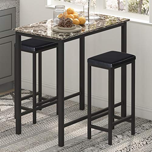 HOMURY 3-Piece Pub Bar Table Set for 2, Faux Marble Tavern Set Breakfast Nook Dining Table Set with 2 Faux Leather Backless Stools, 35.4" W X 19.7" D X 37.4" H