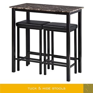 HOMURY 3-Piece Pub Bar Table Set for 2, Faux Marble Tavern Set Breakfast Nook Dining Table Set with 2 Faux Leather Backless Stools, 35.4" W X 19.7" D X 37.4" H