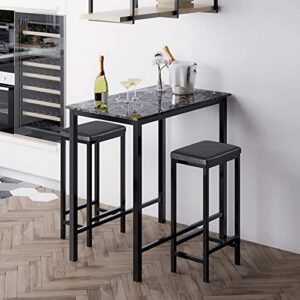 HOMURY 3-Piece Pub Bar Table Set for 2, Faux Marble Tavern Set Breakfast Nook Dining Table Set with 2 Faux Leather Backless Stools, 35.4" W X 19.7" D X 37.4" H