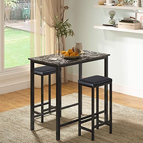 HOMURY 3-Piece Pub Bar Table Set for 2, Faux Marble Tavern Set Breakfast Nook Dining Table Set with 2 Faux Leather Backless Stools, 35.4" W X 19.7" D X 37.4" H