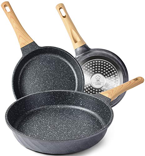 YIIFEEO Nonstick Frying Pan Set, Granite Skillet Set with 100% PFOA Free, Omelette Pan Cookware Set with Heat-Resistant Handle, Induction Compatible, Christmas Gift for Women (8inch&9.5inch&11inch)