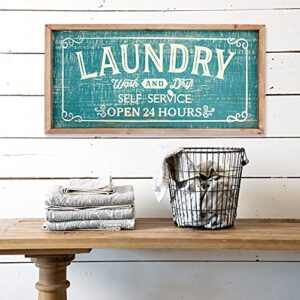 Funly mee Farmhouse Wooden Laundry Wall Plaque Sign with Carved Letters ,Rustic Laundry Room Wall Decor Art with Solid Wood Frame(24x12.2 Inch)