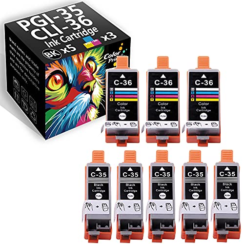 (8-Pack, 5-Black, 3-Color) ColorPrint Compatible PGI35 CLI36 Ink Cartridge Replacement for Canon PGI-35 CLI-36 PGI 35 CLI 36 Used for PIXMA iP100 iP110 IP100B Mini 320 TR150 Laser Printer