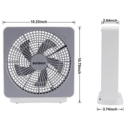 SONBION Box Fan, Three Speeds Window Table Cooling Fan 10 Inch DC Desk Fan with Plug-In AC Adapter, Strong Wind,Quiet Operation Work Fan for Home Bedroom Office Desk Outdoor Travel