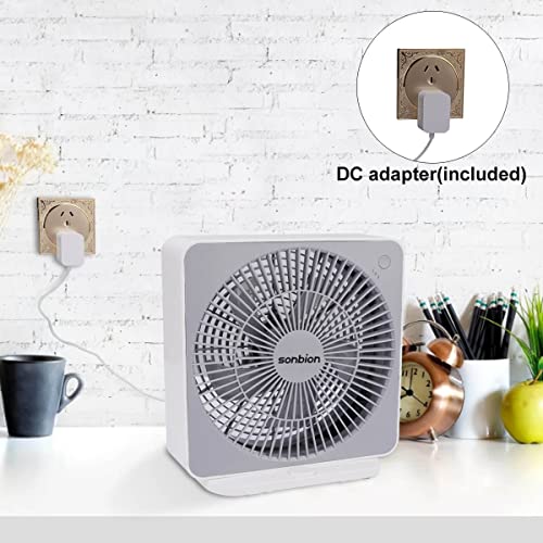 SONBION Box Fan, Three Speeds Window Table Cooling Fan 10 Inch DC Desk Fan with Plug-In AC Adapter, Strong Wind,Quiet Operation Work Fan for Home Bedroom Office Desk Outdoor Travel