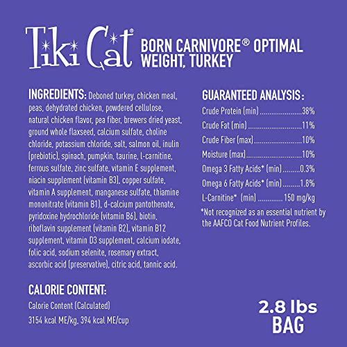 Tiki Cat Born Carnivore Optimal Weight, Turkey, Grain-Free Baked Kibble to Maximize Nutrients, Dry Cat Food, 2.8 lbs. Bag