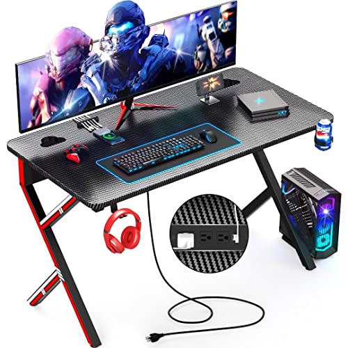 Mr IRONSTONE Gaming Desk 45 Inch with Power Outlets, Computer Desk Gaming Table Carbon Fiber Surface PC Gamer Workstation Laptop Study Table, Home Office Desks with Cup Holder, Headphone Hook, Black