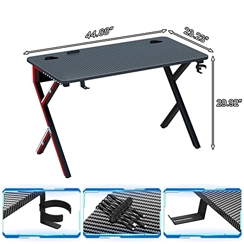 Mr IRONSTONE Gaming Desk 45 Inch with Power Outlets, Computer Desk Gaming Table Carbon Fiber Surface PC Gamer Workstation Laptop Study Table, Home Office Desks with Cup Holder, Headphone Hook, Black