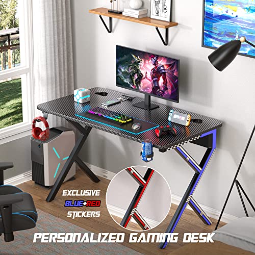 Mr IRONSTONE Gaming Desk 45 Inch with Power Outlets, Computer Desk Gaming Table Carbon Fiber Surface PC Gamer Workstation Laptop Study Table, Home Office Desks with Cup Holder, Headphone Hook, Black